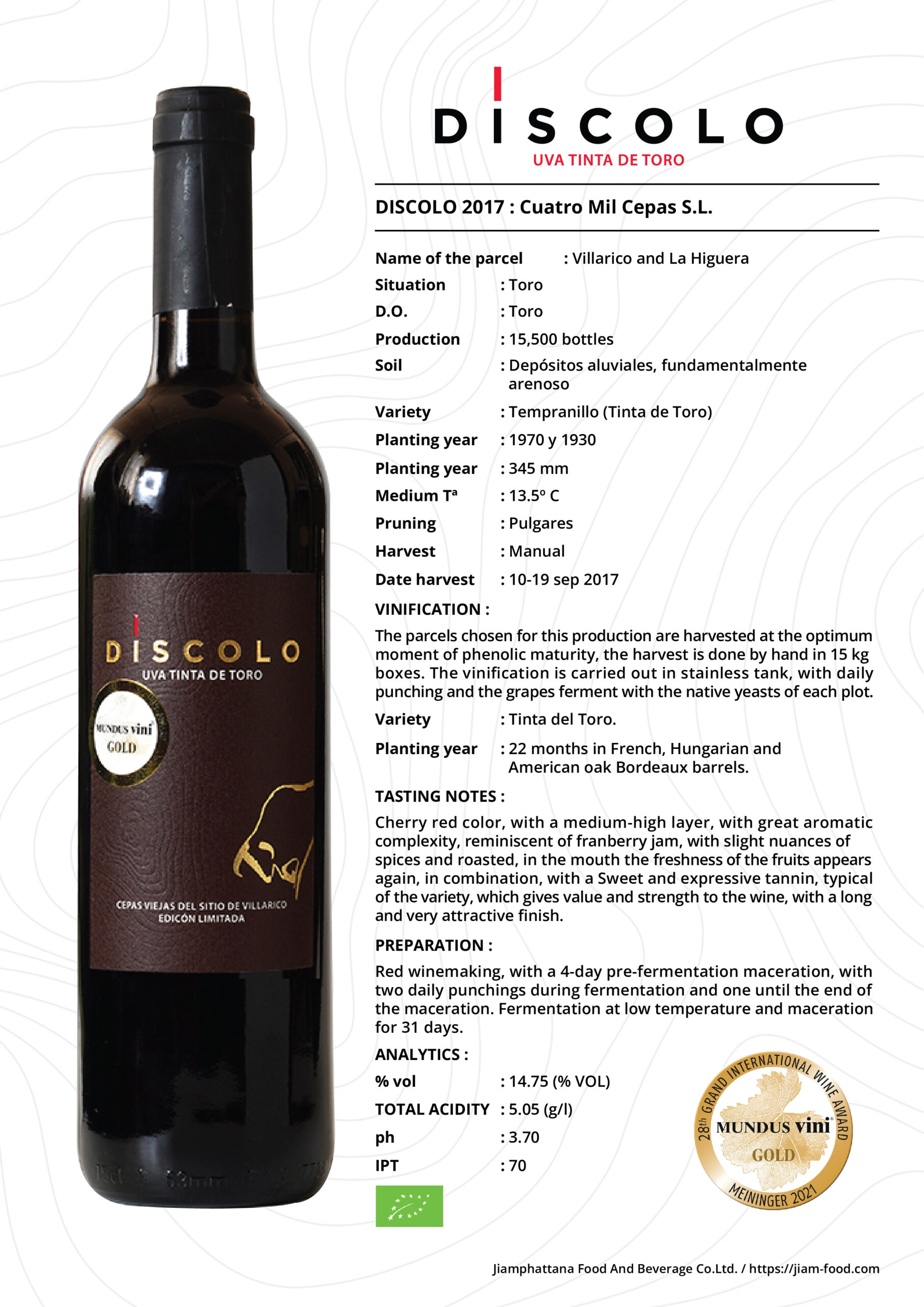 Discolo Uva Tinta de Toro - JIAMPHATTANA FOOD AND BEVERAGE